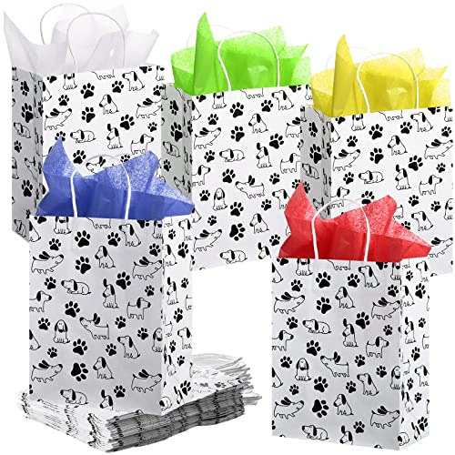 10.6 x 8.3 x 4.3 Inches Puppy Dog Paw Print Treat Bags with Twist Handles and Tissue Paper 19.7 x 13.8 Inches Assorted Wrapping Paper for DIY Crafts Holiday Christmas Birthday Party Favor (25 Pack)