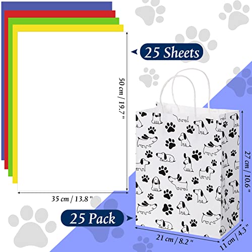 10.6 x 8.3 x 4.3 Inches Puppy Dog Paw Print Treat Bags with Twist Handles and Tissue Paper 19.7 x 13.8 Inches Assorted Wrapping Paper for DIY Crafts Holiday Christmas Birthday Party Favor (25 Pack)