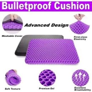 Bulletproof Gel Seat Cushion | Ultra Soft Large Cushion with Purple Cooling Gel Pad & Padded Cover | Orthopedic Cushion for Pressure Relief and Sitting Sores | Seat Cushion for Seniors, Car & Office