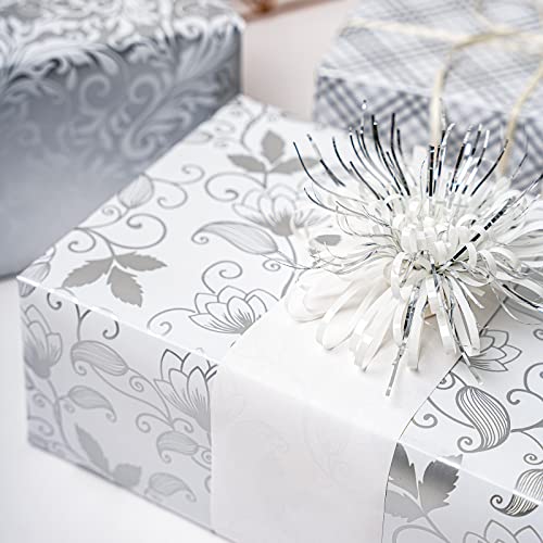 LeZakaa Silver Wrapping Paper Roll - Mini Roll - Floral/Bellflower/Plaid for Wedding, Bridal Shower, Birthday - 17 x 120 inches - 3 Rolls (42.5 sq.ft.ttl.)