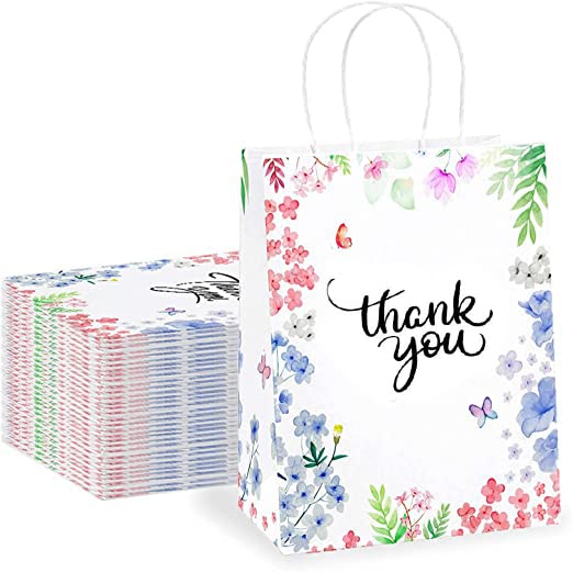 Purple Q Crafts Thank You Gift Bags 50 Pack 8" X 4" X 10" Small Paper Bags With Handles Floral Design Thank You Bags For Business, Boutique, Gifts, Wedding Favors