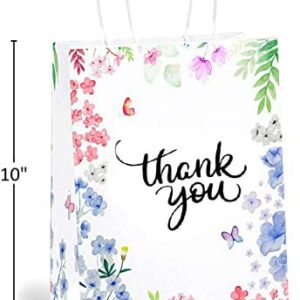 Purple Q Crafts Thank You Gift Bags 50 Pack 8" X 4" X 10" Small Paper Bags With Handles Floral Design Thank You Bags For Business, Boutique, Gifts, Wedding Favors