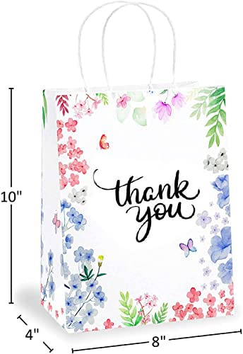 Purple Q Crafts Thank You Gift Bags 50 Pack 8" X 4" X 10" Small Paper Bags With Handles Floral Design Thank You Bags For Business, Boutique, Gifts, Wedding Favors