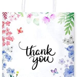 Purple Q Crafts Thank You Gift Bags 50 Pack 8" X 4" X 10" Small Paper Bags With Handles Floral Design Thank You Bags For Business, Boutique, Gifts, Wedding Favors