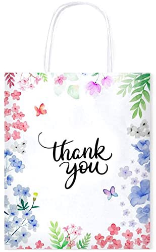 Purple Q Crafts Thank You Gift Bags 50 Pack 8" X 4" X 10" Small Paper Bags With Handles Floral Design Thank You Bags For Business, Boutique, Gifts, Wedding Favors