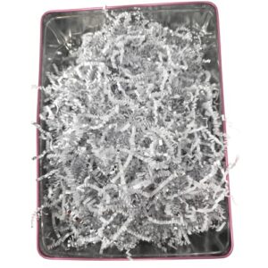 YOUZEY Crinkle Cut Paper Shred Filler - Beautiful Gift Box Filler - Great for Gift Wrapping & Basket Filling - Box Confetti Shredded - Box Stuffing - White & Silver(Small)