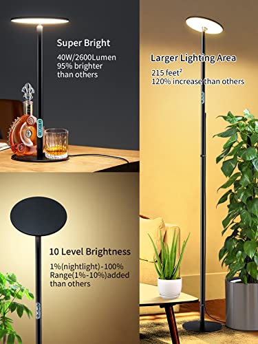 chiphy Floor Lamp, All Metal Standing Lamp, 40W/2600LM Dimmable Grow Light, Eye Protection Natural Sunlight, 69" Heights Adjustable Tall Lamp for Living Room,Bedroom,Reading,Piano,Sofa