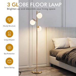 Tangkula 3-Globe Floor Lamp, Modern Freestanding Lamp with Convenient Foot Switch & 3 E26 Bulb Bases, Sturdy Steel Pole, Tall Standing Light for Living Room, Bedroom, Study, Simple Assembly (Golden)