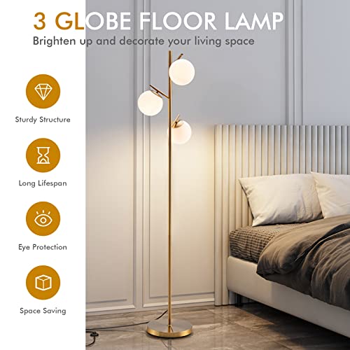 Tangkula 3-Globe Floor Lamp, Modern Freestanding Lamp with Convenient Foot Switch & 3 E26 Bulb Bases, Sturdy Steel Pole, Tall Standing Light for Living Room, Bedroom, Study, Simple Assembly (Golden)