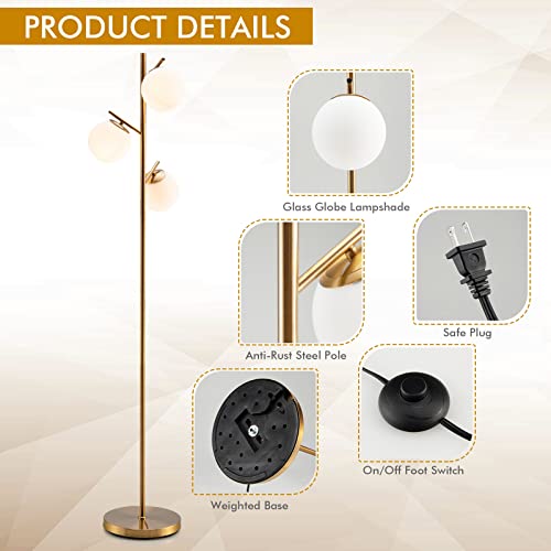 Tangkula 3-Globe Floor Lamp, Modern Freestanding Lamp with Convenient Foot Switch & 3 E26 Bulb Bases, Sturdy Steel Pole, Tall Standing Light for Living Room, Bedroom, Study, Simple Assembly (Golden)