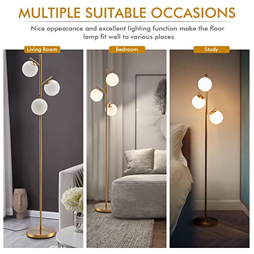 Tangkula 3-Globe Floor Lamp, Modern Freestanding Lamp with Convenient Foot Switch & 3 E26 Bulb Bases, Sturdy Steel Pole, Tall Standing Light for Living Room, Bedroom, Study, Simple Assembly (Golden)