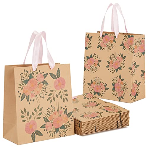 24 Pack Reusable Kraft Paper Floral Gift Bags with Pink Ribbon Handles for Party Favors, Mothers Day, Weddings, Birthday Celebration, Baby Shower, 2 Designs (9 x 8 In)