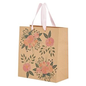 24 Pack Reusable Kraft Paper Floral Gift Bags with Pink Ribbon Handles for Party Favors, Mothers Day, Weddings, Birthday Celebration, Baby Shower, 2 Designs (9 x 8 In)