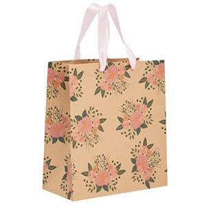 24 Pack Reusable Kraft Paper Floral Gift Bags with Pink Ribbon Handles for Party Favors, Mothers Day, Weddings, Birthday Celebration, Baby Shower, 2 Designs (9 x 8 In)