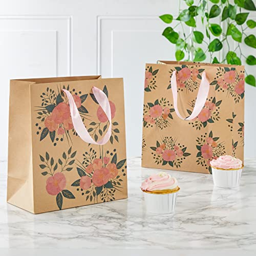 24 Pack Reusable Kraft Paper Floral Gift Bags with Pink Ribbon Handles for Party Favors, Mothers Day, Weddings, Birthday Celebration, Baby Shower, 2 Designs (9 x 8 In)