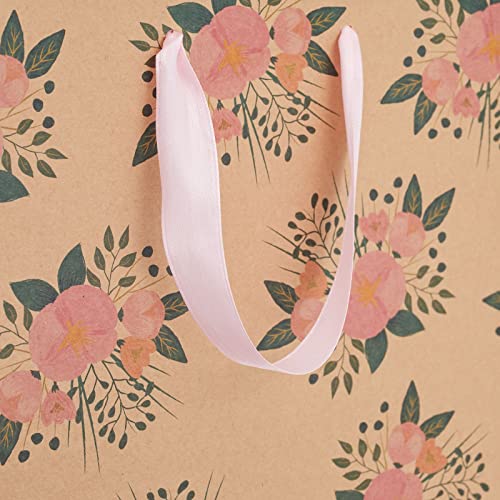 24 Pack Reusable Kraft Paper Floral Gift Bags with Pink Ribbon Handles for Party Favors, Mothers Day, Weddings, Birthday Celebration, Baby Shower, 2 Designs (9 x 8 In)