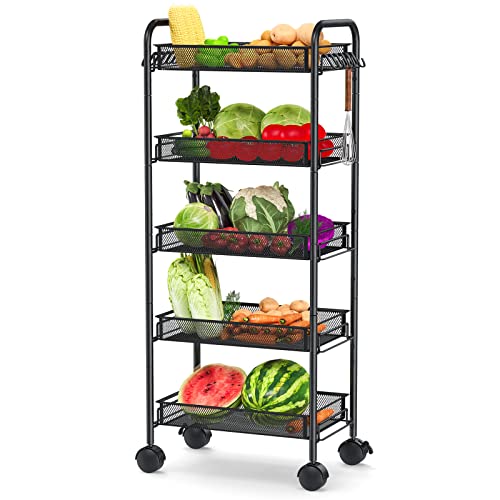 HomeHom 5 Tier Utility Rolling Cart, Multipurpose Utility Cart with 12 Hooks, Storage Cart Craft Cart Organizer for Bathroom Laundry Kitchen, Book Art Snack Lash Makeup Diaper cart, Black