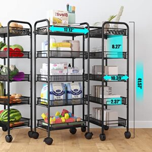 HomeHom 5 Tier Utility Rolling Cart, Multipurpose Utility Cart with 12 Hooks, Storage Cart Craft Cart Organizer for Bathroom Laundry Kitchen, Book Art Snack Lash Makeup Diaper cart, Black