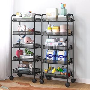 HomeHom 5 Tier Utility Rolling Cart, Multipurpose Utility Cart with 12 Hooks, Storage Cart Craft Cart Organizer for Bathroom Laundry Kitchen, Book Art Snack Lash Makeup Diaper cart, Black