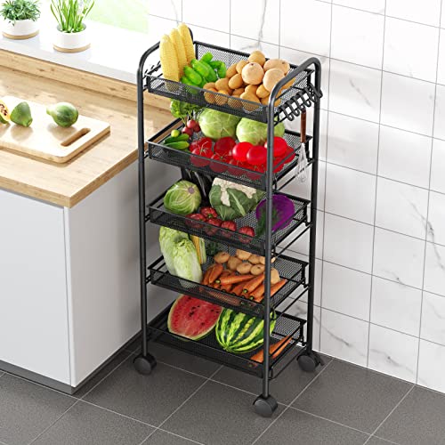 HomeHom 5 Tier Utility Rolling Cart, Multipurpose Utility Cart with 12 Hooks, Storage Cart Craft Cart Organizer for Bathroom Laundry Kitchen, Book Art Snack Lash Makeup Diaper cart, Black