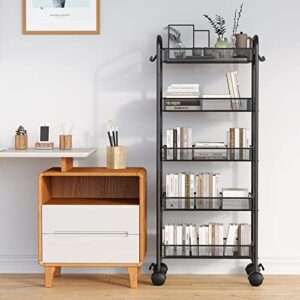 HomeHom 5 Tier Utility Rolling Cart, Multipurpose Utility Cart with 12 Hooks, Storage Cart Craft Cart Organizer for Bathroom Laundry Kitchen, Book Art Snack Lash Makeup Diaper cart, Black