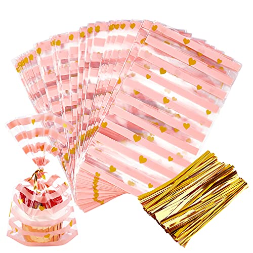 JOERSH 100 Pack 8.1" x 5" Bottom Gusset Clear Cellophane Treat Bags with Ties for Cookies Candy Popcorn Birthday Party Favor Bags Gift Giving, Pink Stripes and Hearts Pattern