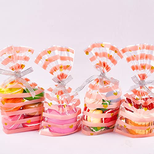 JOERSH 100 Pack 8.1" x 5" Bottom Gusset Clear Cellophane Treat Bags with Ties for Cookies Candy Popcorn Birthday Party Favor Bags Gift Giving, Pink Stripes and Hearts Pattern