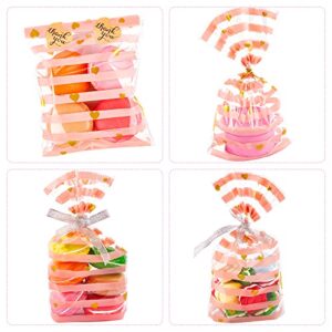 JOERSH 100 Pack 8.1" x 5" Bottom Gusset Clear Cellophane Treat Bags with Ties for Cookies Candy Popcorn Birthday Party Favor Bags Gift Giving, Pink Stripes and Hearts Pattern