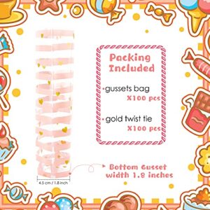 JOERSH 100 Pack 8.1" x 5" Bottom Gusset Clear Cellophane Treat Bags with Ties for Cookies Candy Popcorn Birthday Party Favor Bags Gift Giving, Pink Stripes and Hearts Pattern