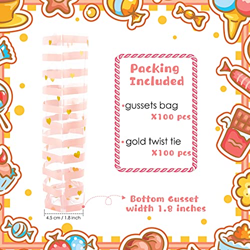 JOERSH 100 Pack 8.1" x 5" Bottom Gusset Clear Cellophane Treat Bags with Ties for Cookies Candy Popcorn Birthday Party Favor Bags Gift Giving, Pink Stripes and Hearts Pattern