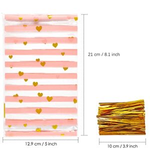 JOERSH 100 Pack 8.1" x 5" Bottom Gusset Clear Cellophane Treat Bags with Ties for Cookies Candy Popcorn Birthday Party Favor Bags Gift Giving, Pink Stripes and Hearts Pattern