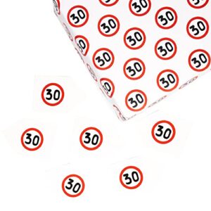 30th Birthday Wrapping Paper - 6 Sheets of Gift Wrap - Funny Wrapping Paper Sheets for Age 30 - Stop Sign - For Men and Women - Adulting - Comes With Fun Stickers - By Central