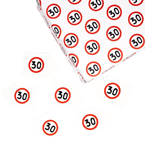 30th Birthday Wrapping Paper - 6 Sheets of Gift Wrap - Funny Wrapping Paper Sheets for Age 30 - Stop Sign - For Men and Women - Adulting - Comes With Fun Stickers - By Central