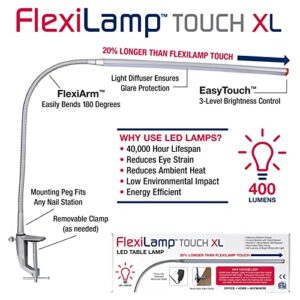 Americanails FlexiLamp Touch XL - LED Table Desk Lamp - Removable Clamp - Adjustable Lighting for Nail Stations - Manicure Table Light - Flexible Arm – 3 Brightness Levels - Touch Sensor - 400 Lumens