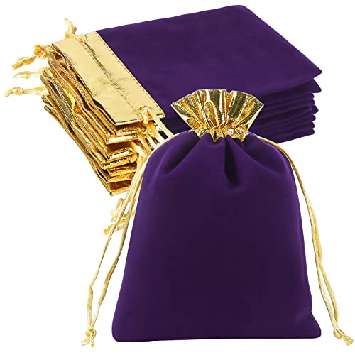 HRX Package 10pcs Velvet Bags with Drawstrings 5x7 inch, Purple Gold Cloth Jewelry Pouches Baggies Sacks for Small Gift Dice Party Favor