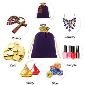 HRX Package 10pcs Velvet Bags with Drawstrings 5x7 inch, Purple Gold Cloth Jewelry Pouches Baggies Sacks for Small Gift Dice Party Favor