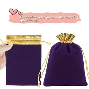 HRX Package 10pcs Velvet Bags with Drawstrings 5x7 inch, Purple Gold Cloth Jewelry Pouches Baggies Sacks for Small Gift Dice Party Favor