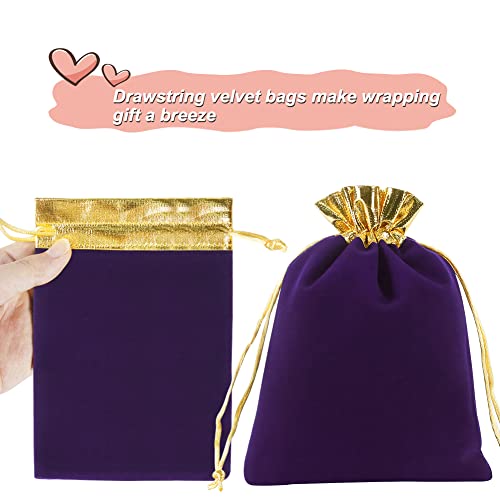 HRX Package 10pcs Velvet Bags with Drawstrings 5x7 inch, Purple Gold Cloth Jewelry Pouches Baggies Sacks for Small Gift Dice Party Favor