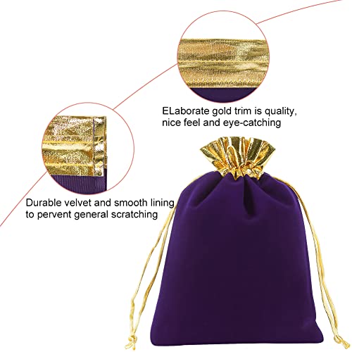 HRX Package 10pcs Velvet Bags with Drawstrings 5x7 inch, Purple Gold Cloth Jewelry Pouches Baggies Sacks for Small Gift Dice Party Favor