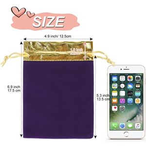 HRX Package 10pcs Velvet Bags with Drawstrings 5x7 inch, Purple Gold Cloth Jewelry Pouches Baggies Sacks for Small Gift Dice Party Favor