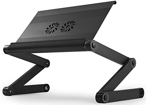 WorkEZ Executive Adjustable Laptop Stand with 2 Fans 3 USB Ports Ergonomic Aluminum Lap Desk for Bed Couch tray holder folding height tilt angle cooling cooler portable desktop riser black