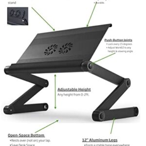 WorkEZ Executive Adjustable Laptop Stand with 2 Fans 3 USB Ports Ergonomic Aluminum Lap Desk for Bed Couch tray holder folding height tilt angle cooling cooler portable desktop riser black