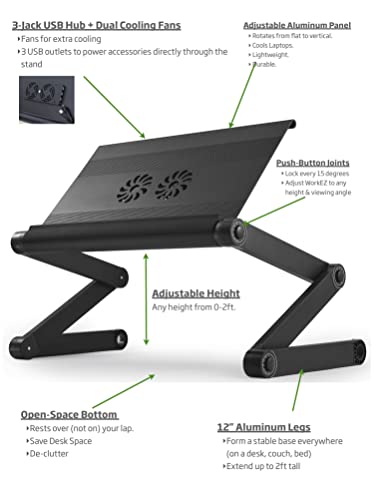 WorkEZ Executive Adjustable Laptop Stand with 2 Fans 3 USB Ports Ergonomic Aluminum Lap Desk for Bed Couch tray holder folding height tilt angle cooling cooler portable desktop riser black