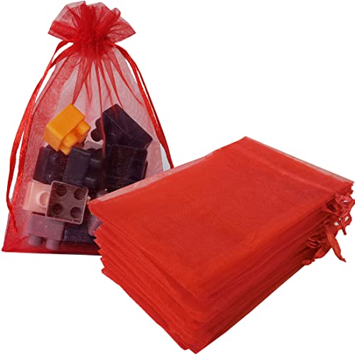 Jwenic 50 Pieces Gift Bags Organza 5x7 Red Inch Drawstring Sheer Fabric Goodie Sparkly Pouch for Jewelry Key Ring Candles Herbal Baby Shower Christmas Party Favor Wedding Mom Anniversary Housewarming