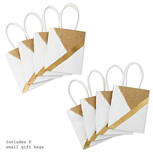 Hallmark 6" Small Paper Gift Bags (8 Bags: White, Gold and Kraft) for Christmas, Hanukkah, Birthdays, Weddings, Graduations, Baby /Bridal Showers