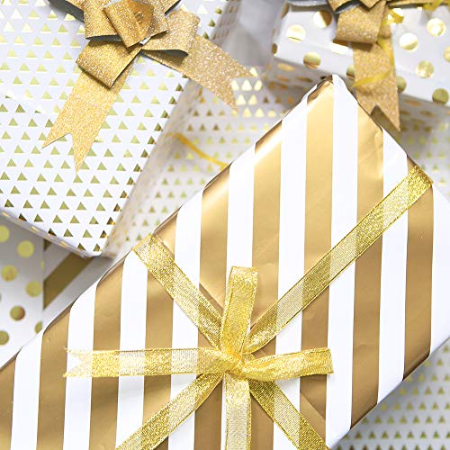 Gift Wrapping Supplies,8 Sheets White Gold Gift Wrapping Paper with 10 Pull Bows 24 Yard Glitter Ribbon and 12 Thank You Lable Sticker for Birthday Gift Wrap Christmas Gift Packing DIY Paper Craft