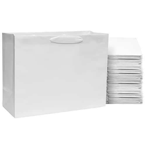 White Gift Bags with Handles - 16x6x12 Inch 50 Pack Designer Shopping Bags in Bulk, Large Gift Wrap with Fabric Ribbon Handles for Boutiques, Small Business, Retail Stores, Merchandise, Birthdays