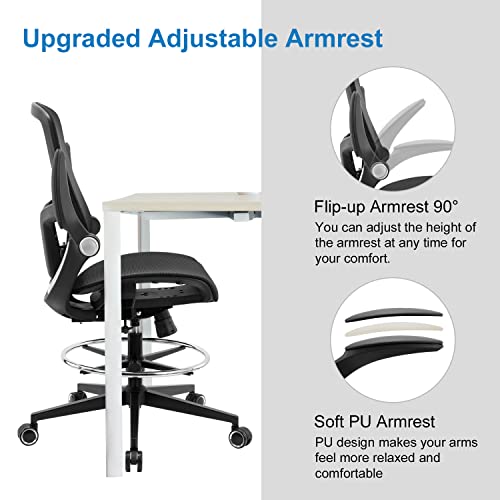 Mid-Back Ergonomic Drafting Chair,Mesh High Desk Chair,Counter Height Desk Chair,Tall Office Chair with Adjustable Foot Ring,Standing Desk Chair with Lumbar Support and PU Arms(Black)