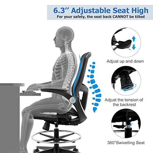 Mid-Back Ergonomic Drafting Chair,Mesh High Desk Chair,Counter Height Desk Chair,Tall Office Chair with Adjustable Foot Ring,Standing Desk Chair with Lumbar Support and PU Arms(Black)