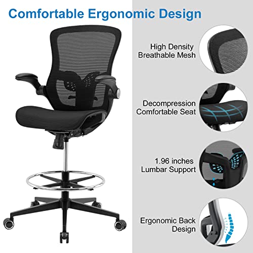 Mid-Back Ergonomic Drafting Chair,Mesh High Desk Chair,Counter Height Desk Chair,Tall Office Chair with Adjustable Foot Ring,Standing Desk Chair with Lumbar Support and PU Arms(Black)